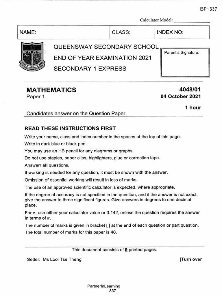 Math - Sec 1 - SA 2 - 2021 - Queensway Sec | PDF | Area | Australian Dollar