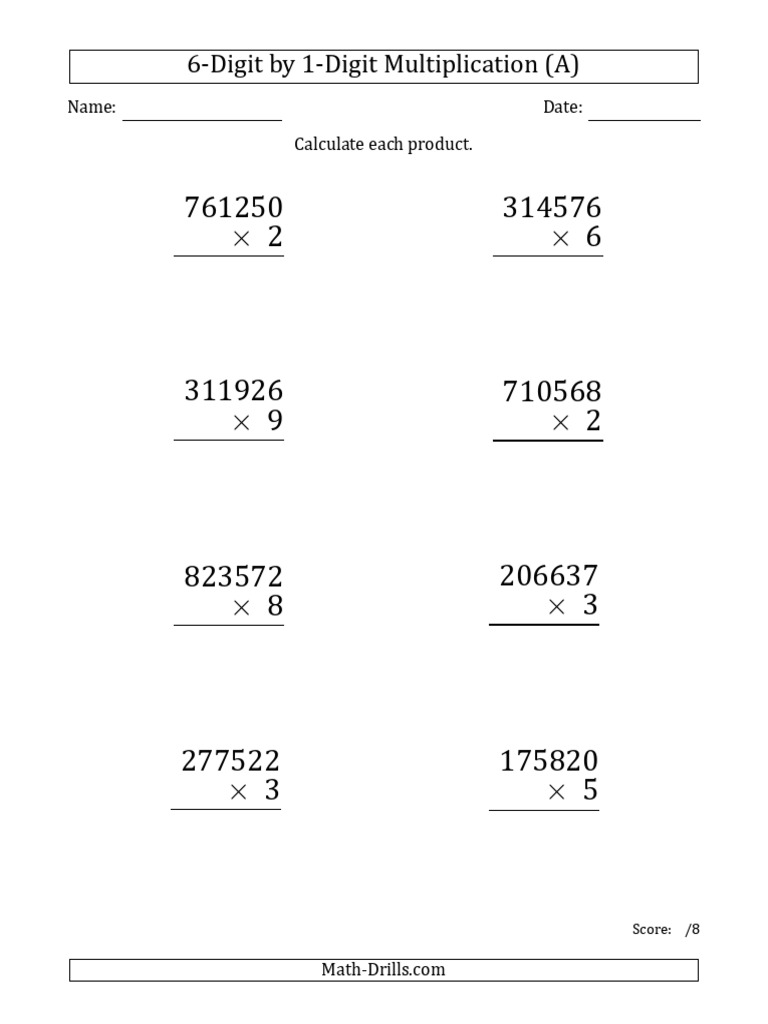 6-Digit by 1-Digit Multiplication Quiz | PDF
