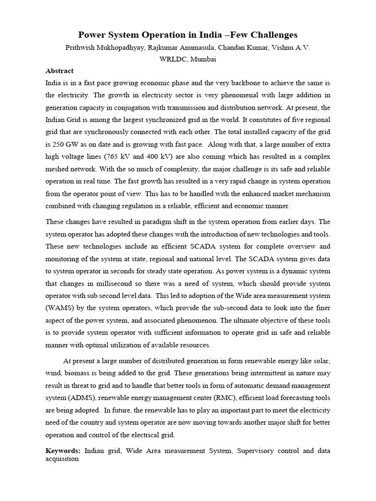 WRLDC TP 055 Power System Operation in India - Few Challenges SECS 2014 | PDF | Electrical Grid ...
