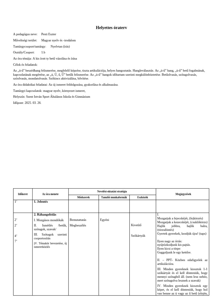 Ü, Ű Betűk Olvasása - Pesti Eszter | PDF