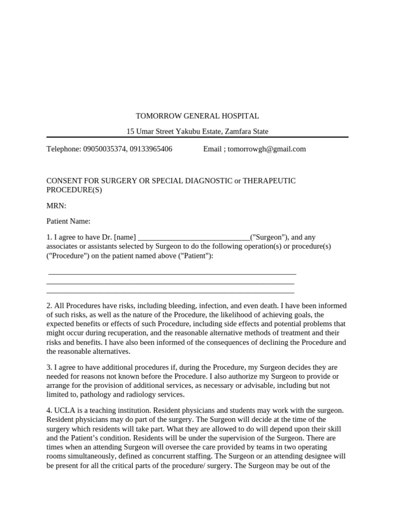 CONSENT FOR Surgery Template | PDF | Surgery | Informed Consent