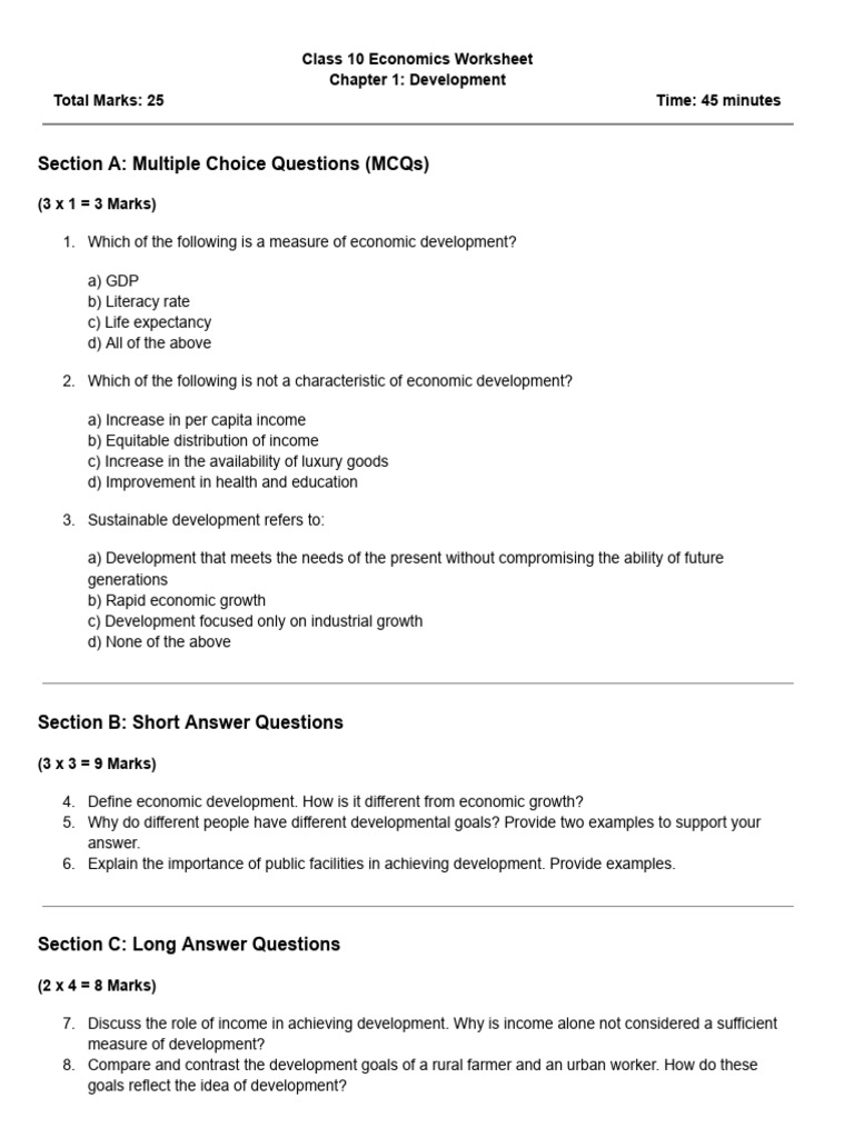 Worksheet - 1 CH-1 Development | PDF | Economic Growth | Gross Domestic ...