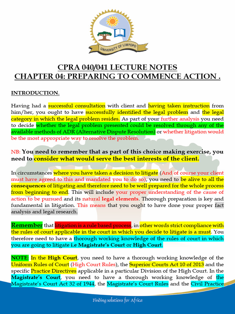 Lecture Notes Chapter 04 Preparing To Commence Action. | PDF | Lawsuit ...