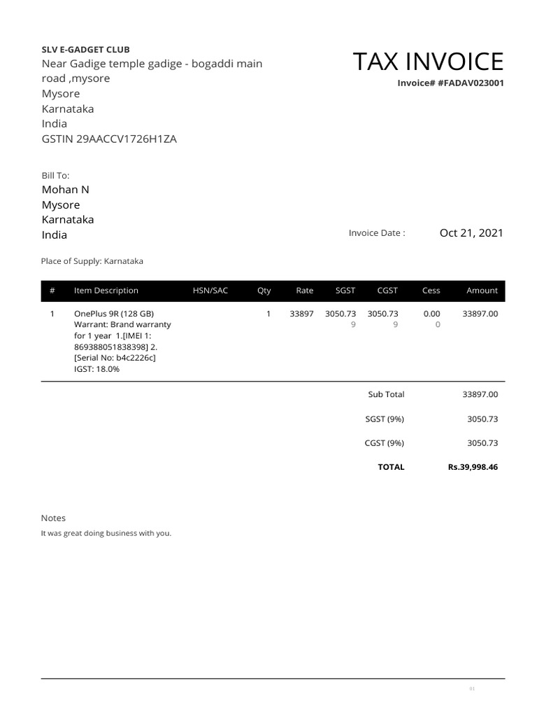 OnePlus 9R Invoice - Oct 2021 | PDF