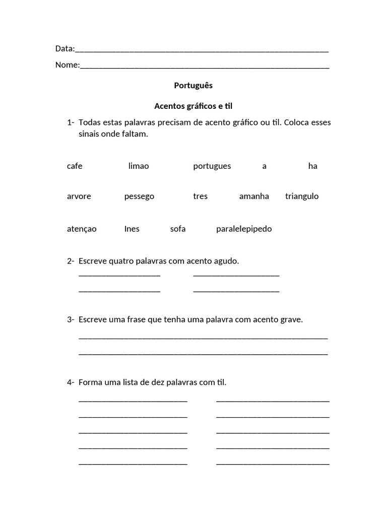 Acentos Gráficos e Til - Ficha de Trabalho | PDF