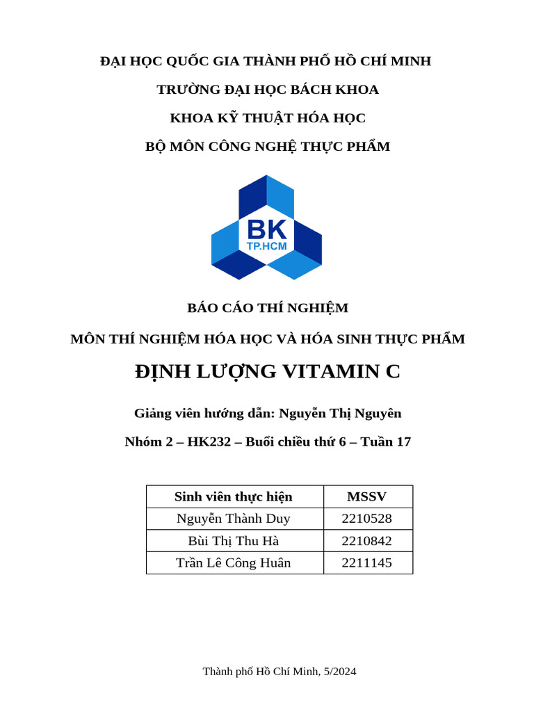 HK232 - CH2049 - CT6 - Nhóm 02 - Bài 10. Định Lượng Vitamin C | PDF