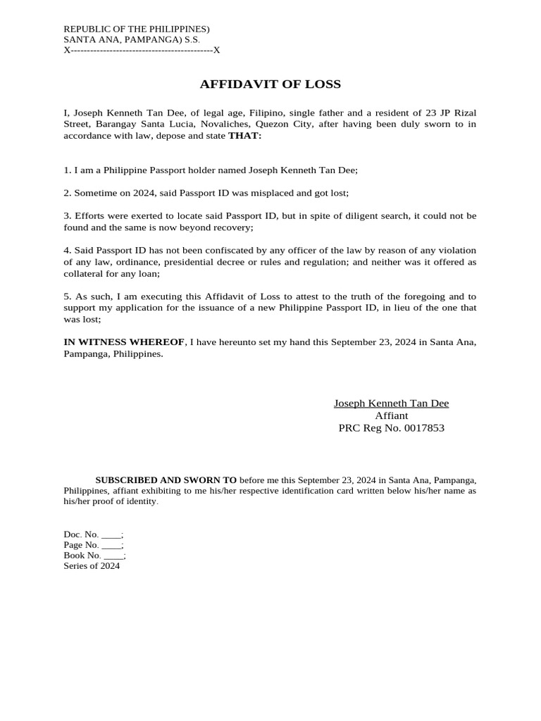 Affidavit of Loss (Passport) Tan Dee | PDF