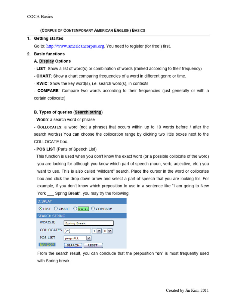 COCA Worksheet (Student) - Final | PDF | Part Of Speech | Word