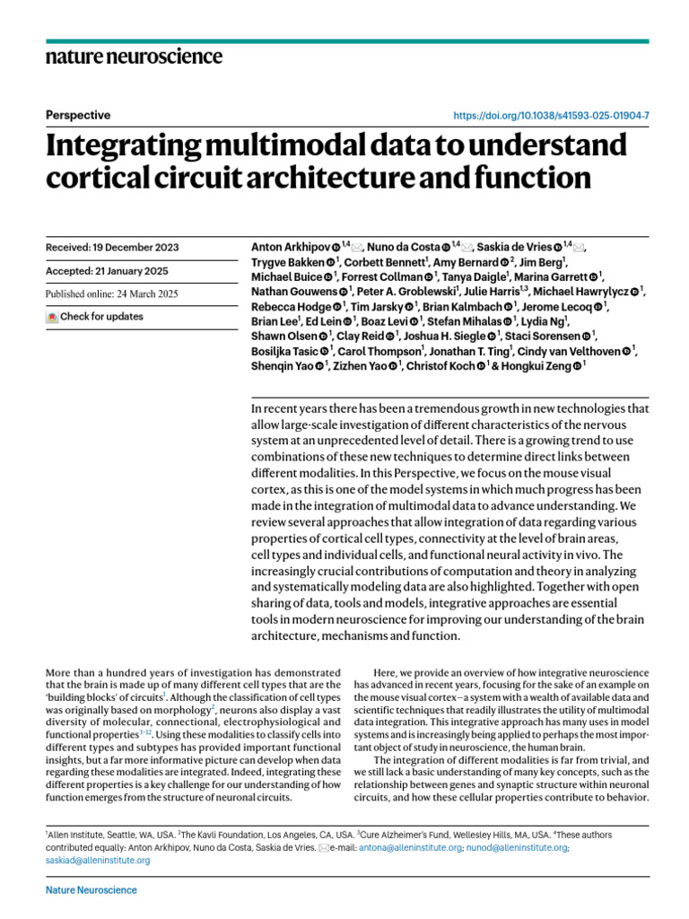 Integrating Multimodal Data To Understand Cortical Circuit Architecture and Function | PDF ...