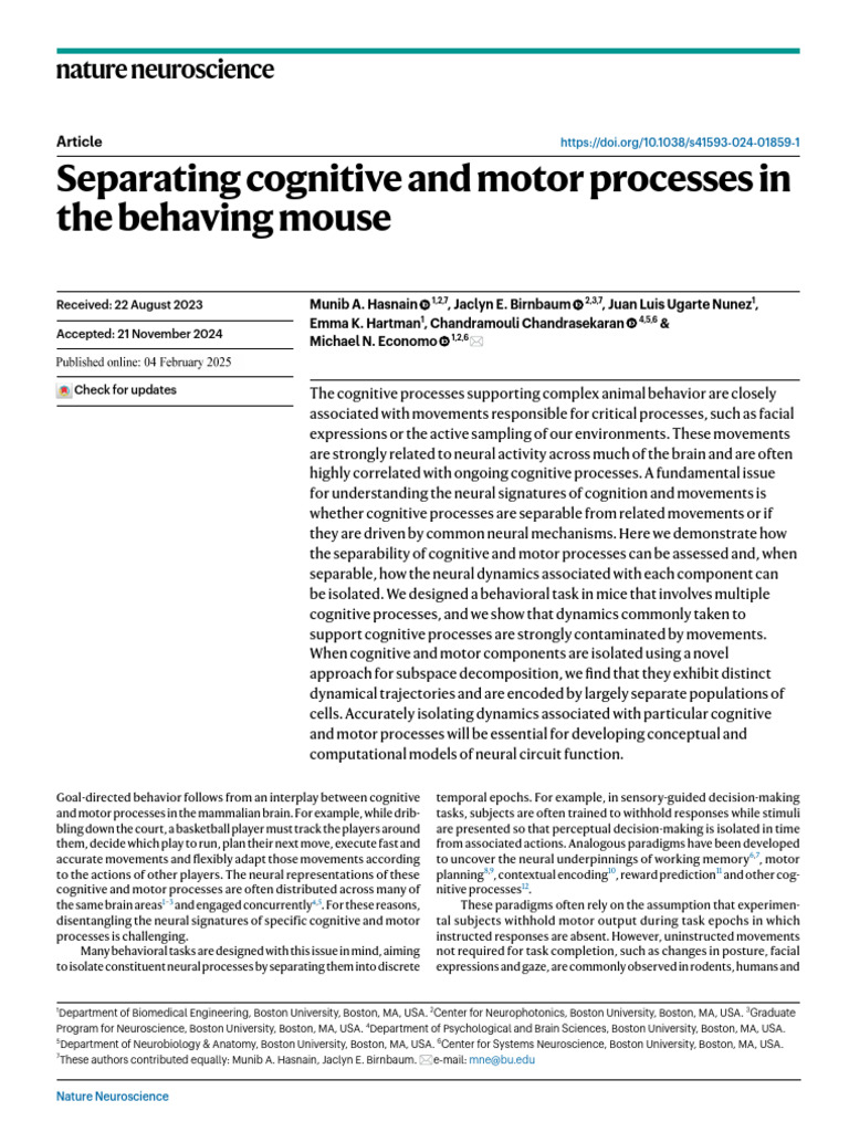 Separating Cognitive and Motor Processes in The Behaving Mouse | PDF | Cognition | Neuroscience