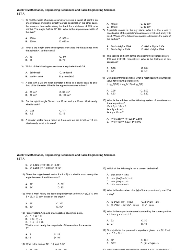 Week 1 Math and Engineering Problems | PDF | Angle | Area