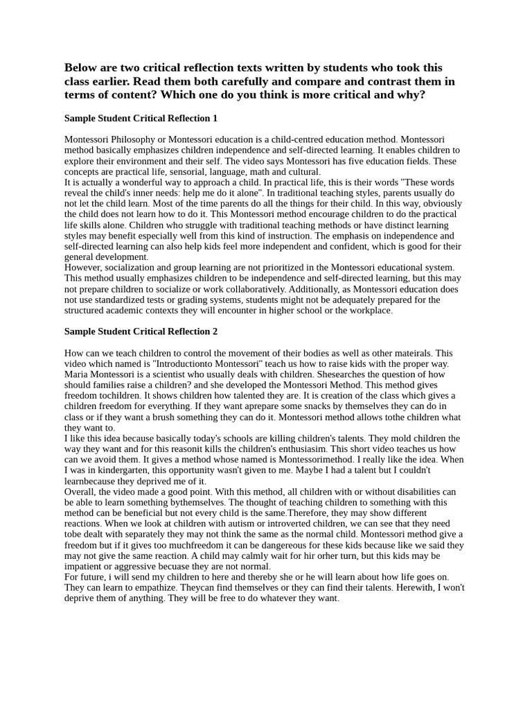 Student written critical reflection paragraphs | PDF | Montessori ...
