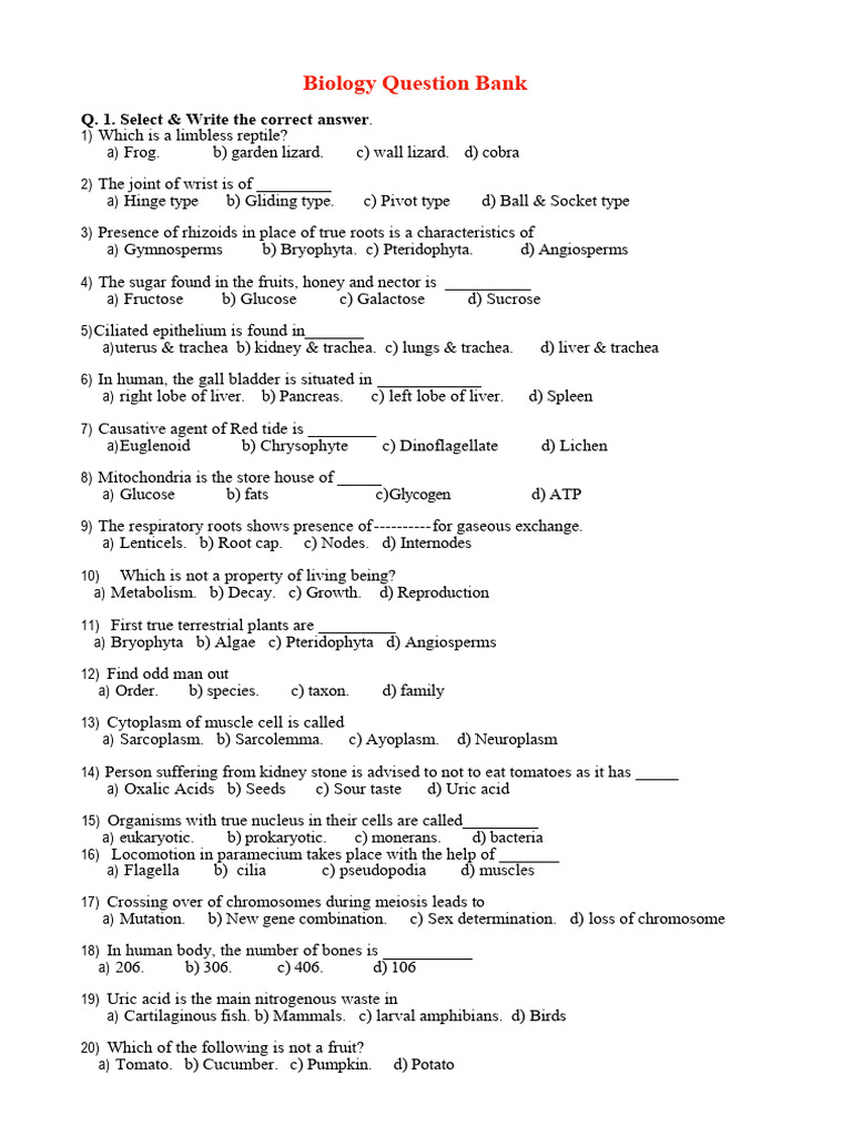 Biology Question Bank Overview | PDF | Cell (Biology) | Tissue (Biology)