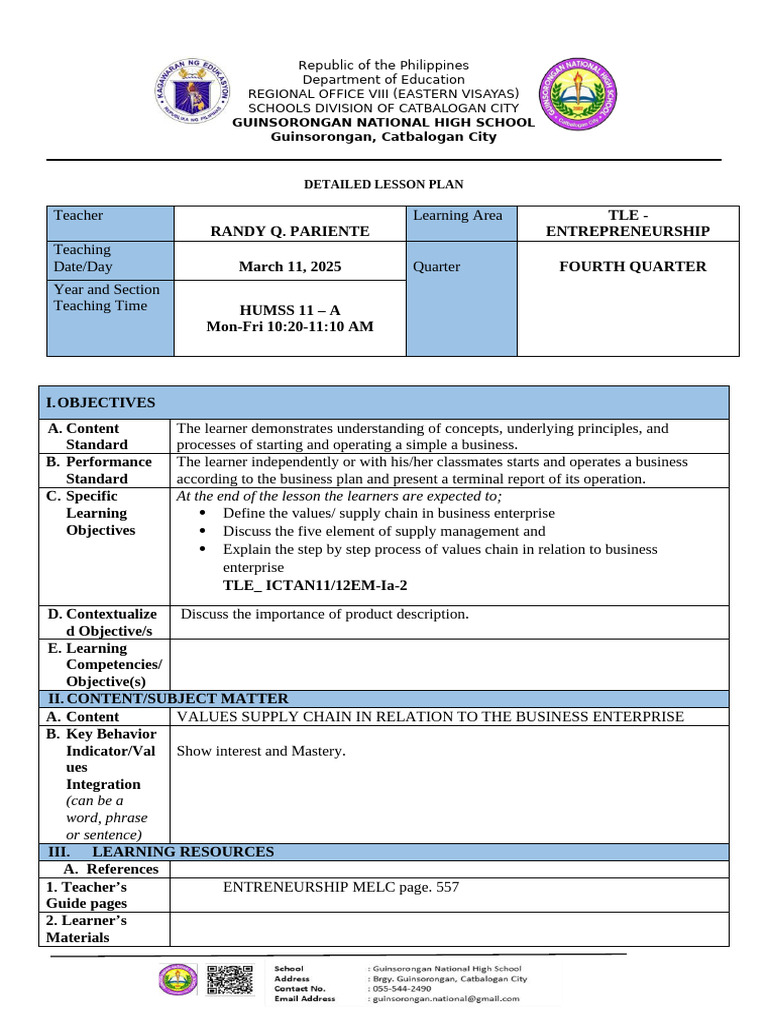 Detailed Lesson Plan: Supply Chain in Business | PDF | Supply Chain ...
