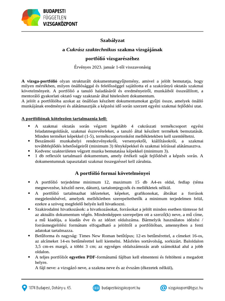 BFVK-Portfolioszabalyzat Cukrasz Szaktechnikus | PDF