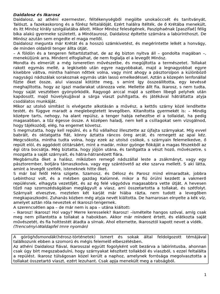 Daidalosz És Ikarosz - Feladatokkal | PDF