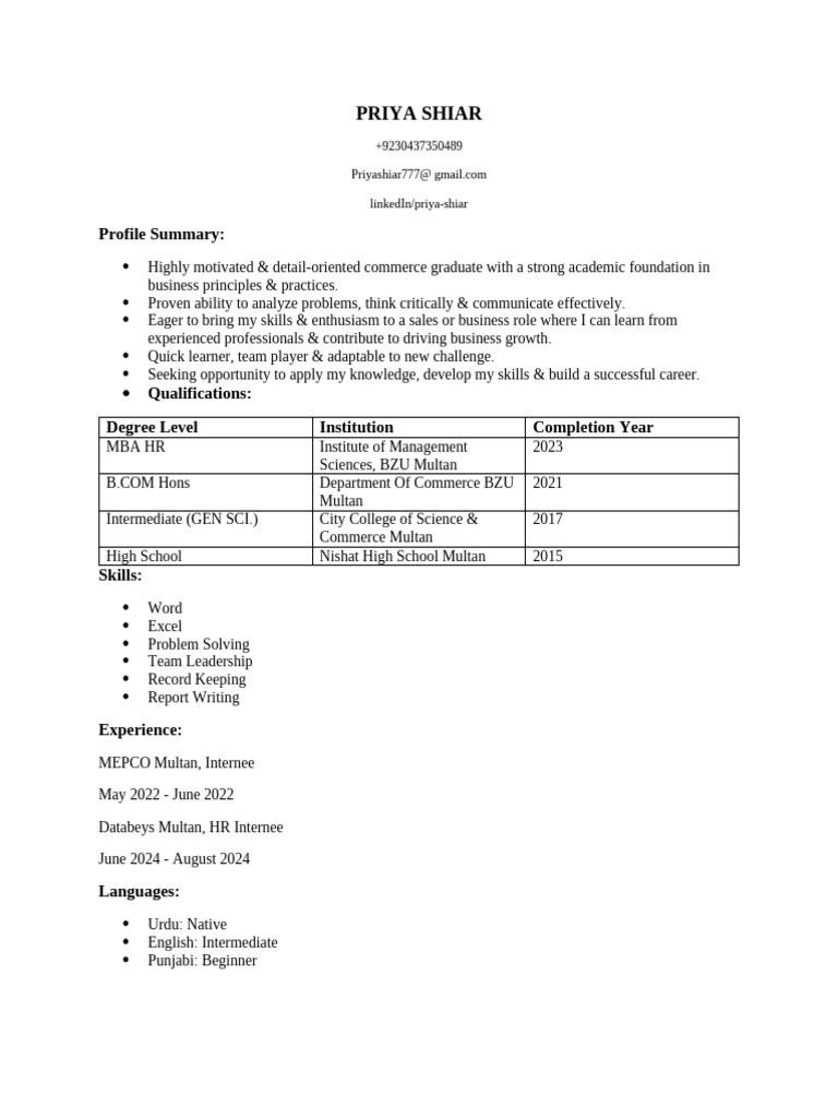 PRIYA SHIAR CV | PDF