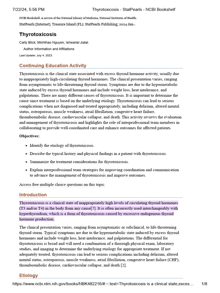 Thyrotoxicosis - StatPearls - NCBI Bookshelf | PDF | Hyperthyroidism | Thyroid