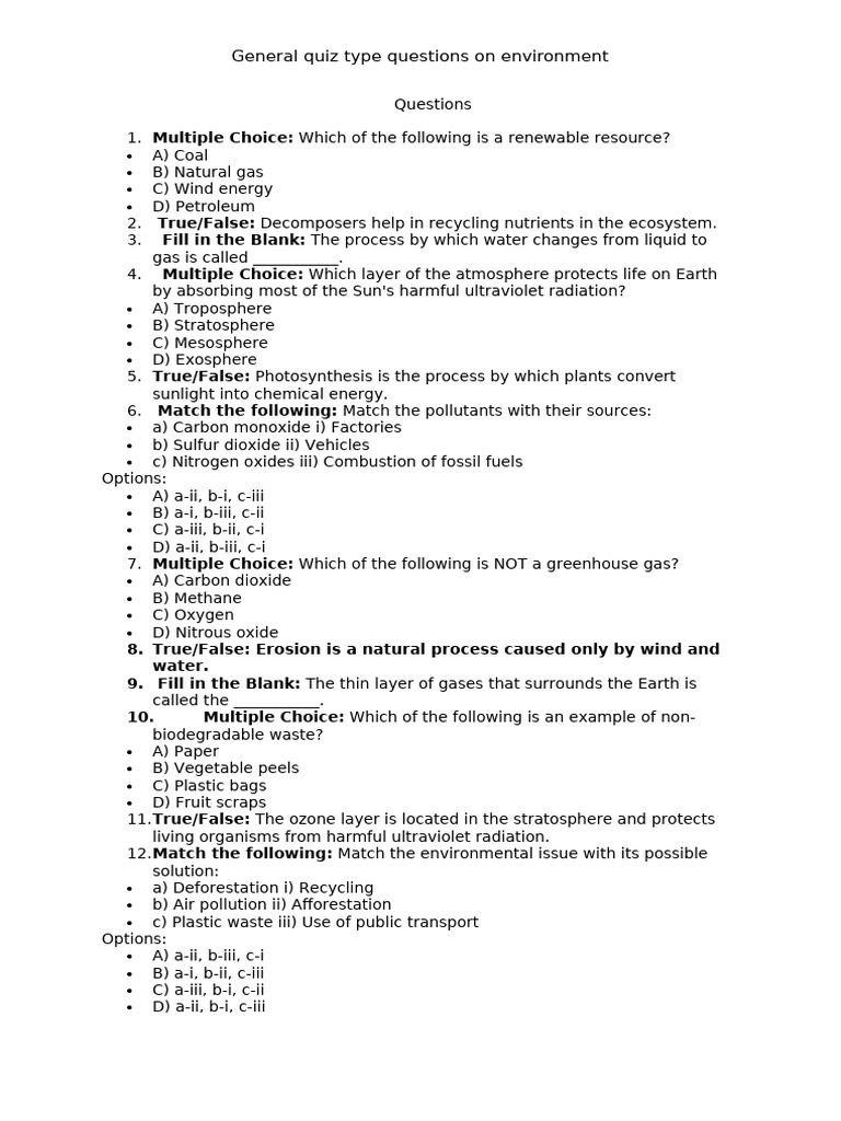 General Quiz Type Questions On Environment | PDF | Atmosphere Of Earth ...