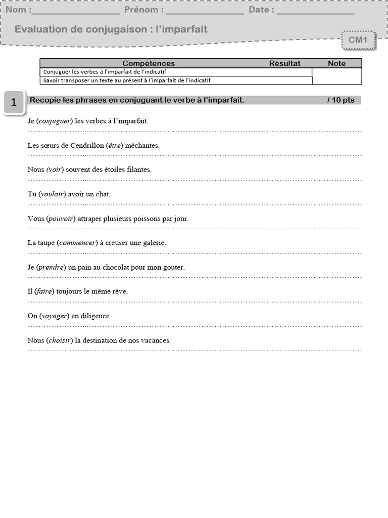 Évaluation de l'imparfait CM1 | PDF | Conjugaison | Relations syntaxiques