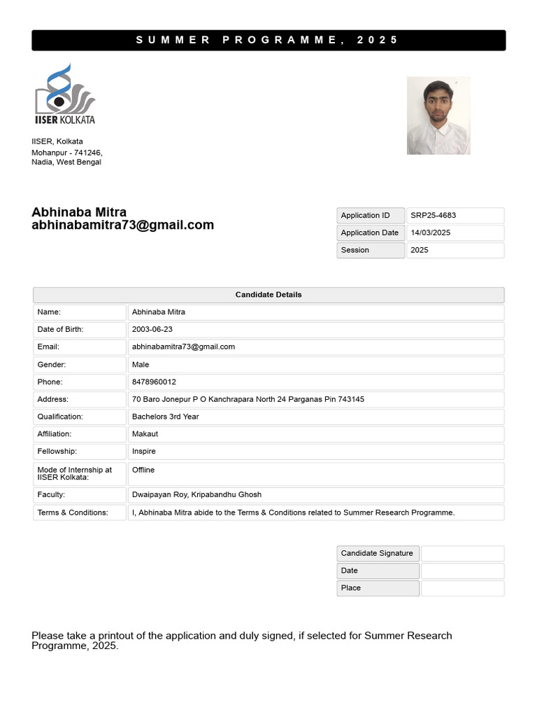 IISER-K Summer Research Programme, 2025 | PDF
