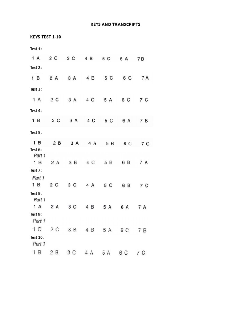 Test Keys And Transcripts 1 10 Pdf