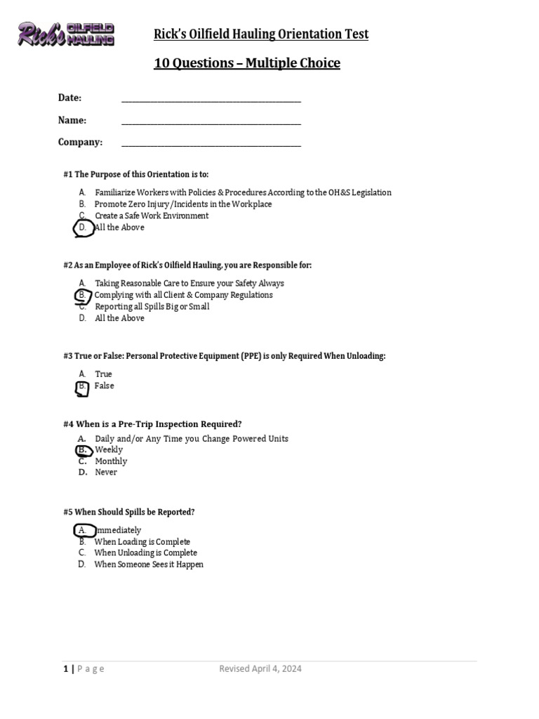Rick’s Oilfield Hauling Orientation Test | PDF | Personal Protective ...