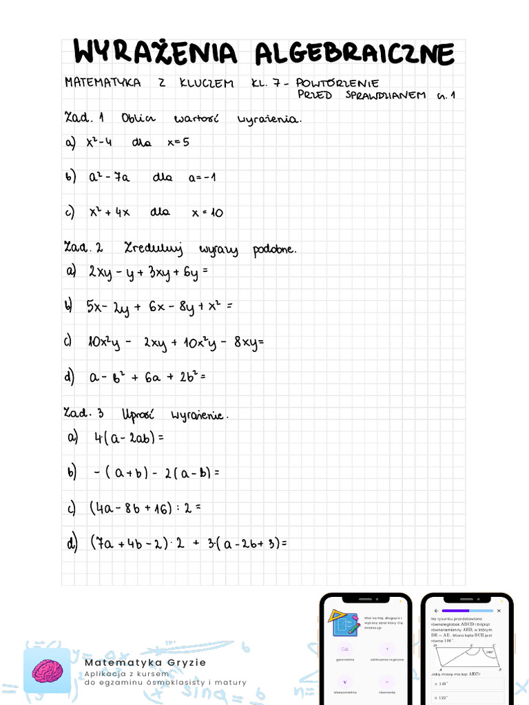 Zadania Na Sprawdzian Matematyka Z Kluczem Klasa 7 - Wyrażenia Algebraiczne | PDF