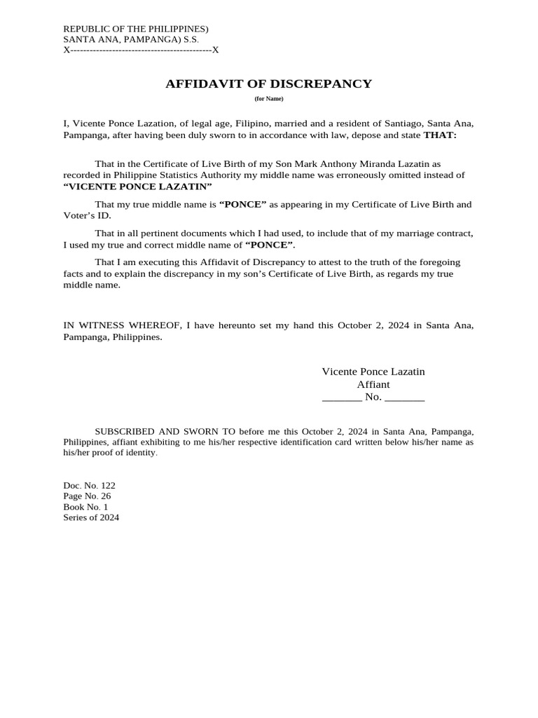 Affidavit of Discrepancy (Middle Name) | PDF