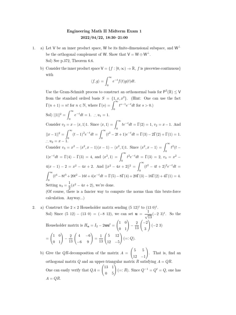 Eng Math 2 Mid 1 Sol | PDF | Mathematics | Geometry