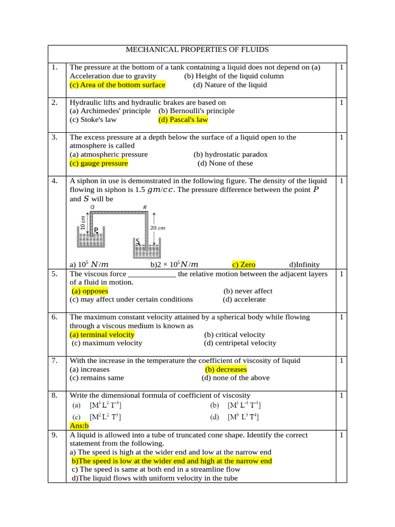 Properties of Fluids QB 2024-25-Solution | PDF | Pressure | Liquids