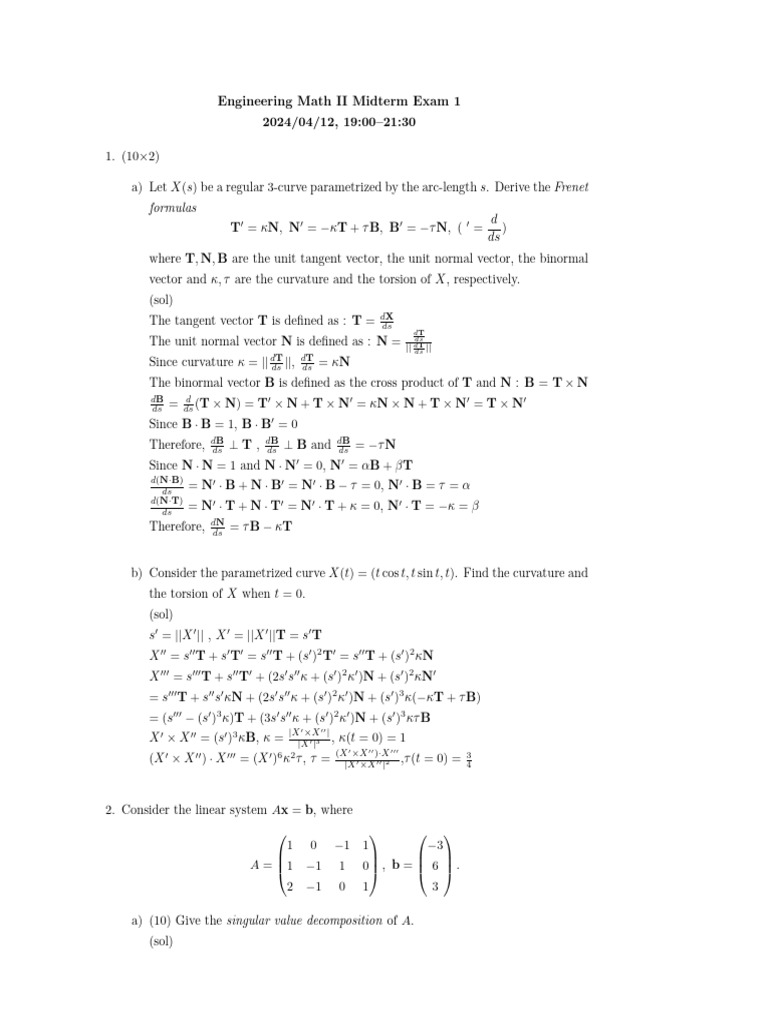 Eng Math 2 Mid 1 Sol | PDF | Mathematical Physics | Geometry