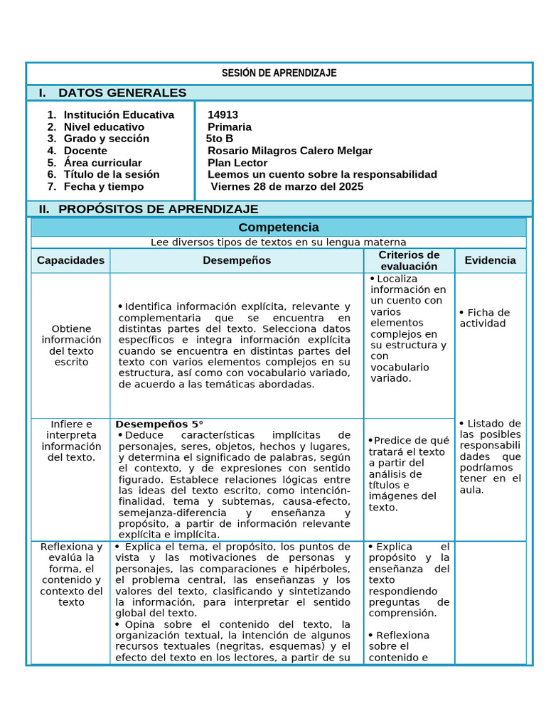 V-SES - VIER 28 - PLAN LECTOR - Leemos Un Cuento Sobre La Responsabilidad | PDF | Información ...