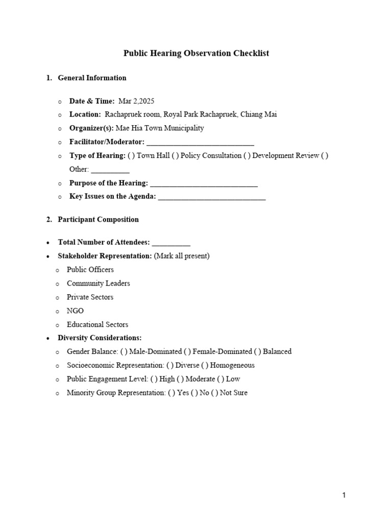 Public Hearing Observation Checklist | PDF | Sustainability | Economies