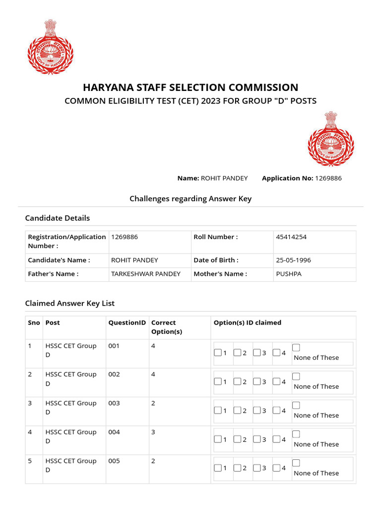 HSSSC Group D Answer Key | PDF