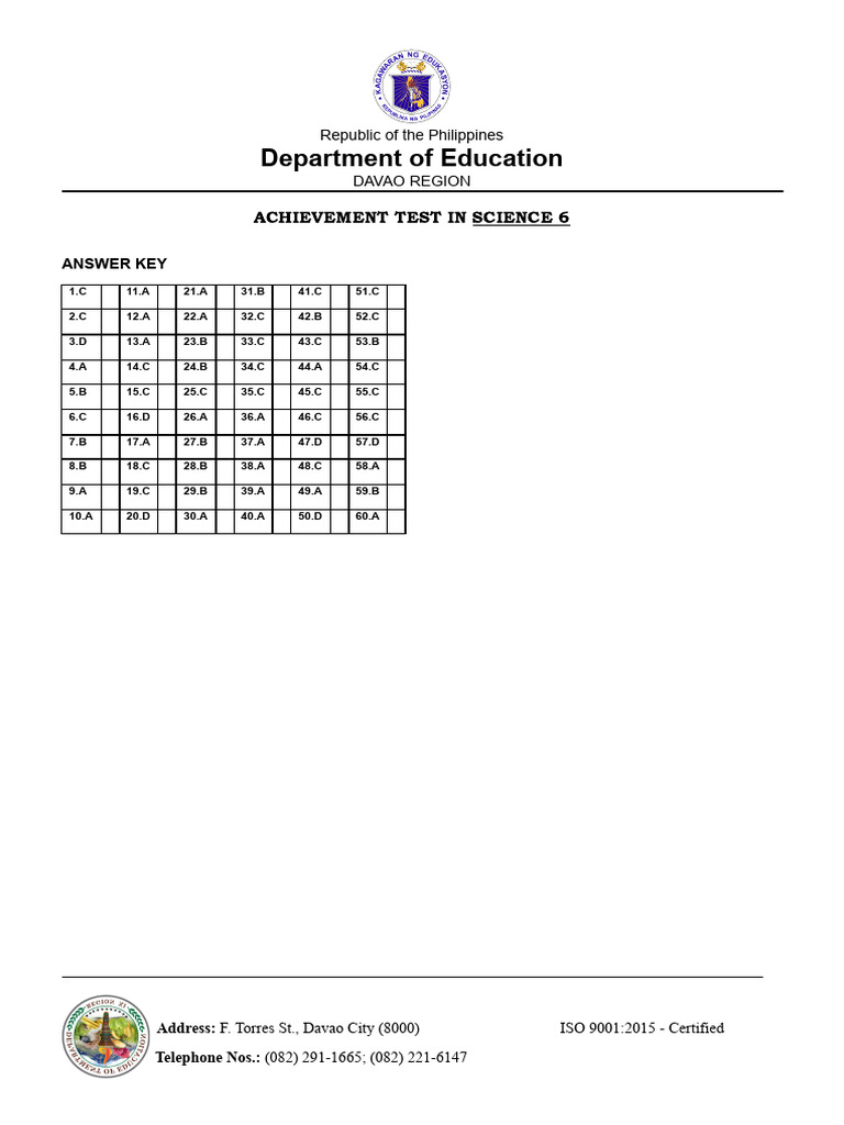 Science 6 Achievement Test Answer Key | PDF