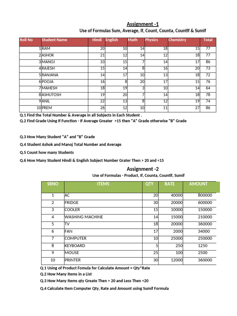 50 Ms Excel Assignments PDF For Practice | PDF | Fruit | Drink