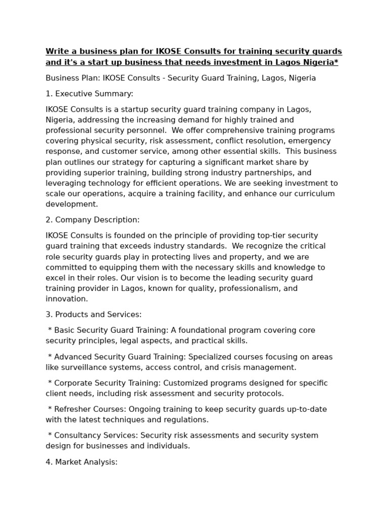 Business Plan For IKOSE Consults 3 | PDF | Marketing | Security Guard