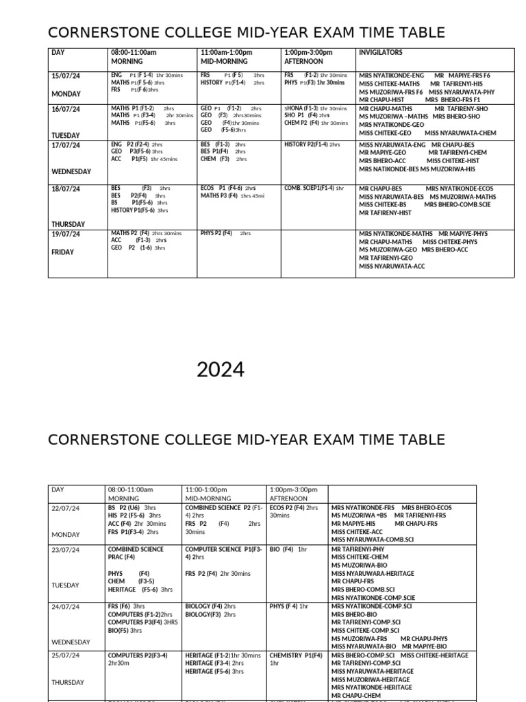 Cornerstone College Mid-Year Exam Timetable | PDF