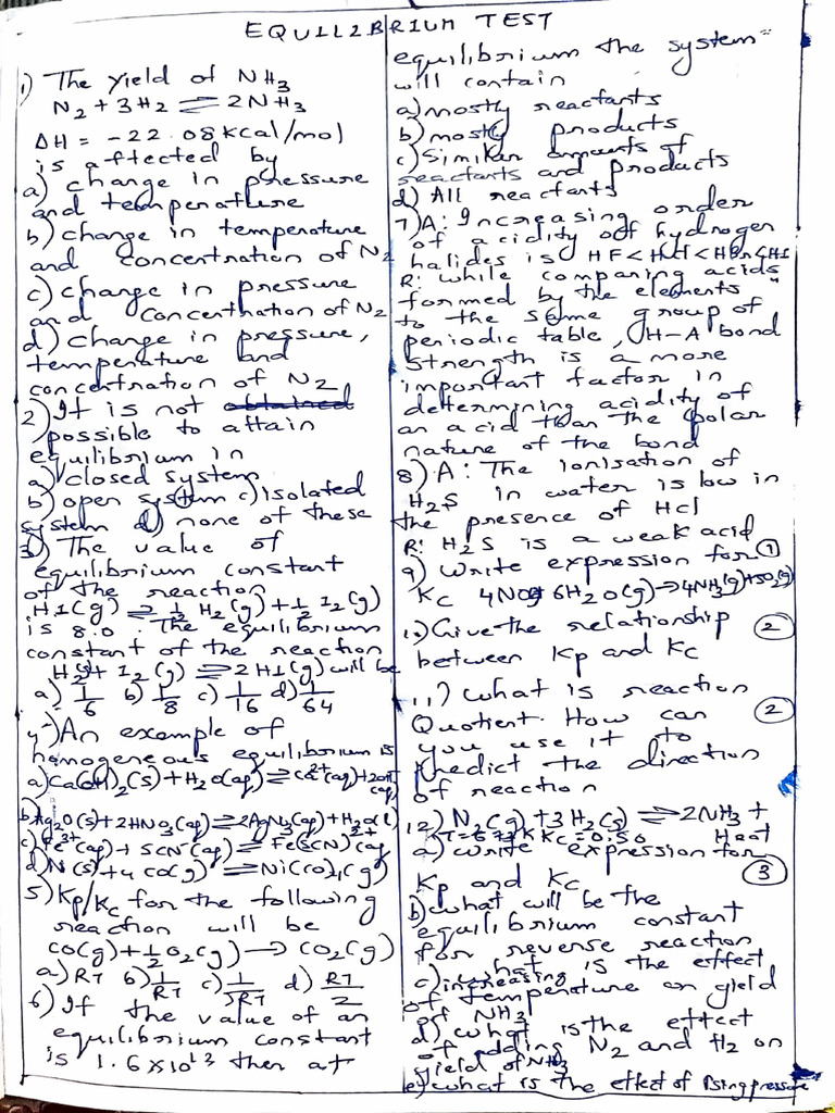 Equilibrium Important Questions and Answers | PDF