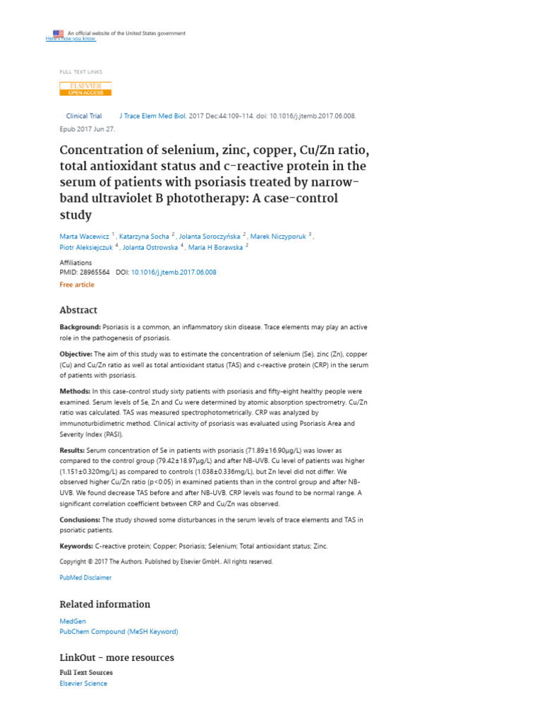 Psoriasis -- Low Selenium High Copper -- Perhaps LOW RBC Zinc | PDF | C ...