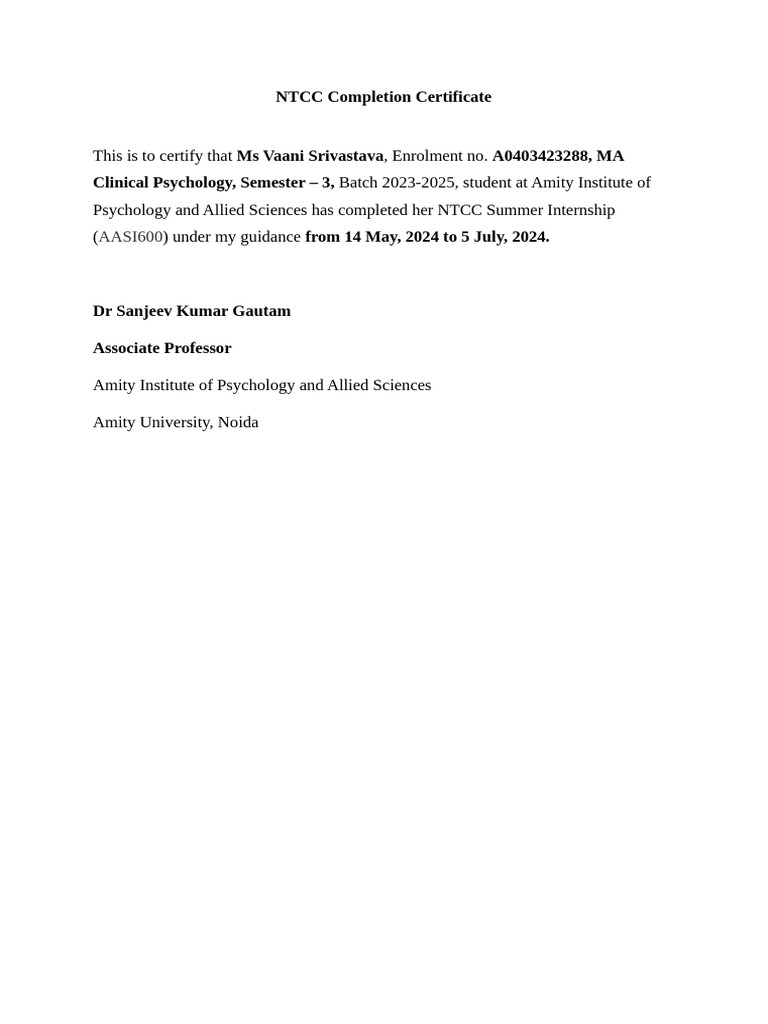 NTCC Internship Certificate for Vaani Srivastava | PDF