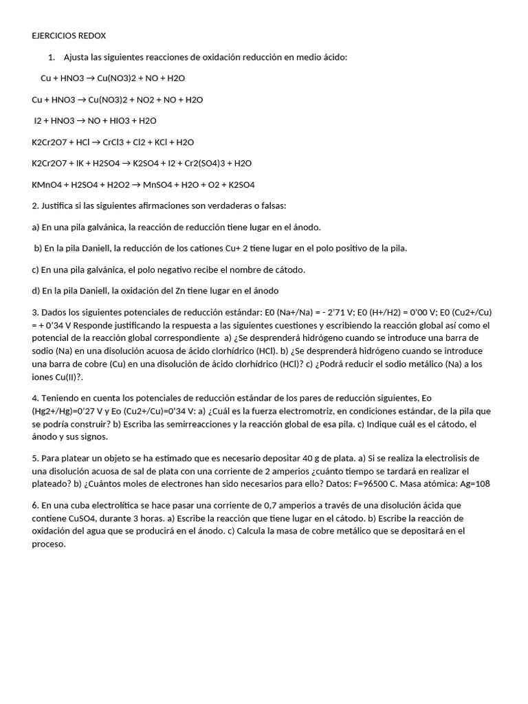 Ejercicios Redox | PDF