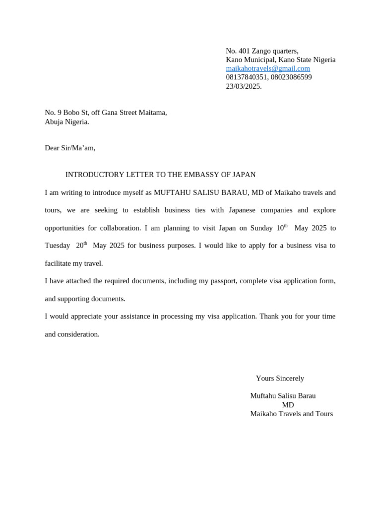 Business Visa Application to Japan Embassy | PDF