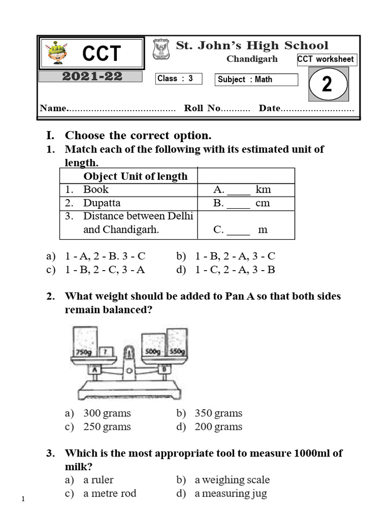 Class 3 Maths (CCT Worksheet 2) (2) | PDF | Metre | Quantity