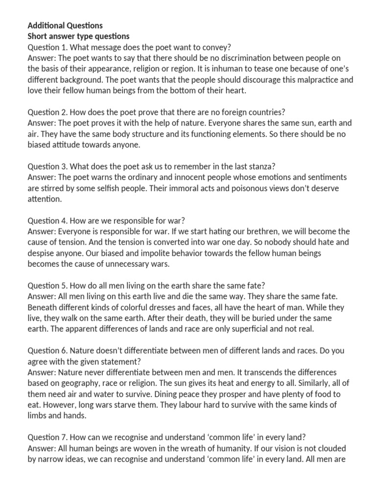 Additional Questions - POEM 6 | PDF | Hatred