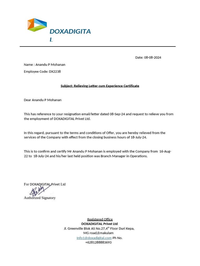 Certificate of experiernce Anandu P Mohanan (1) | PDF