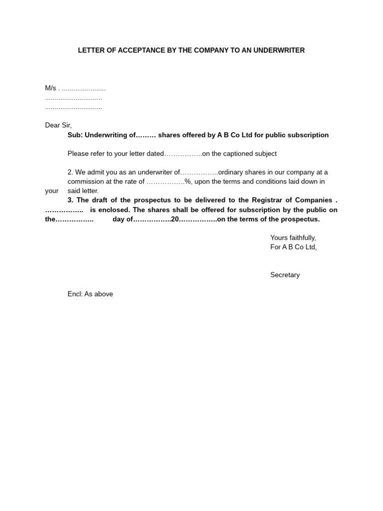 Letter of Acceptance by The Company To An Underwriter | PDF