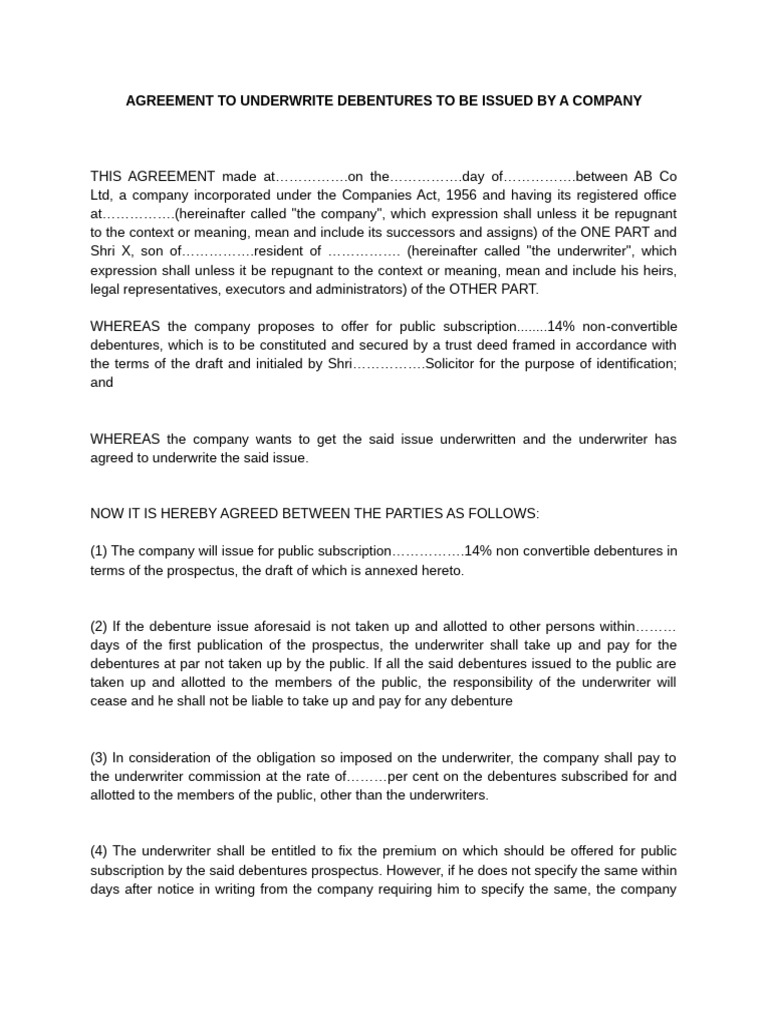Agreement To Underwrite Debentures To Be Issued by A Company | PDF ...