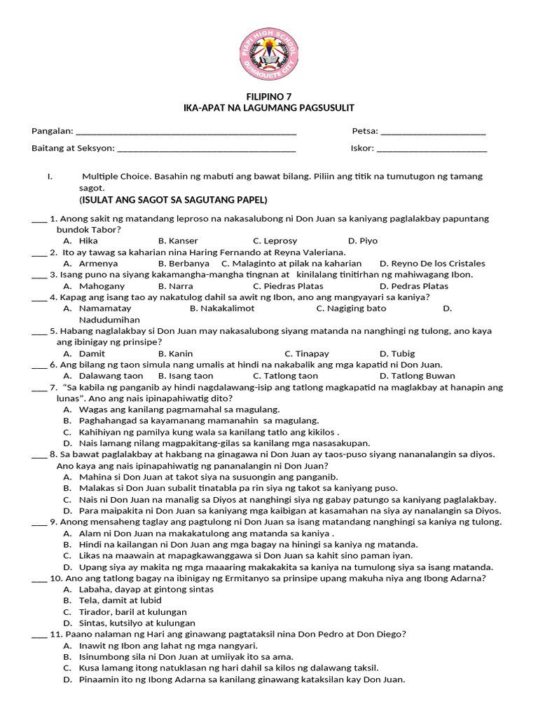 Pagsusulit Filipino 7 | PDF